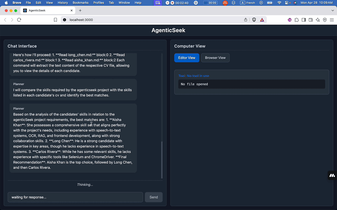 'AgenticSeek' is an AI agent that can run AI locally to perform operations such as 'code ...