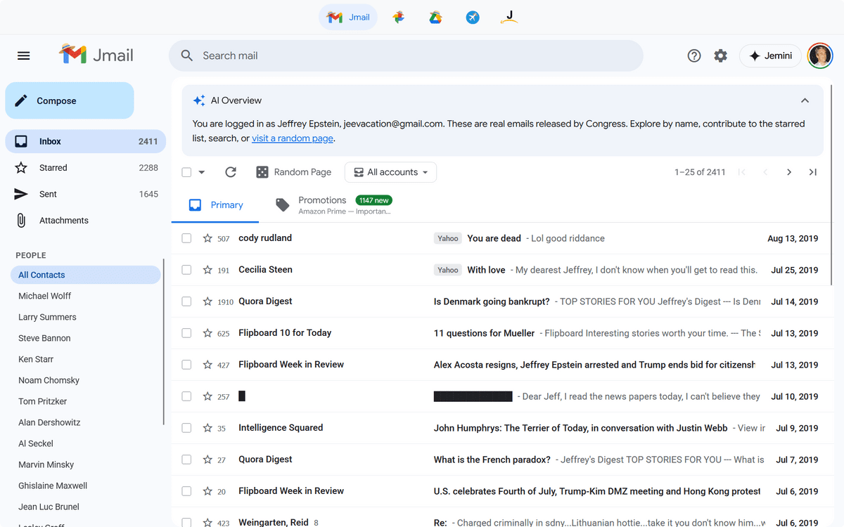 'Jmail' allows you to view the published Epstein file emails in a Gmail ...
